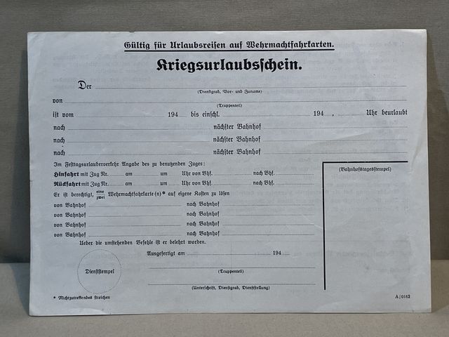 Bunker Militaria: Original WWII German Military War Leave Pass, Unused ...