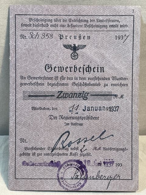 Bunker Militaria: Original 1937 German Trade License & Traveling Trade ...