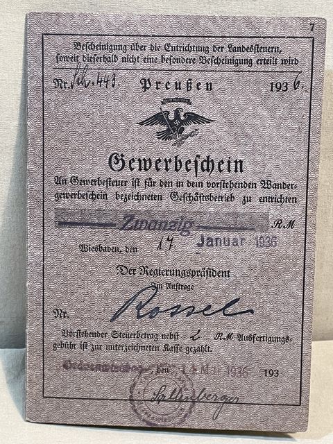 Bunker Militaria: Original 1936 German Trade License & Traveling Trade ...