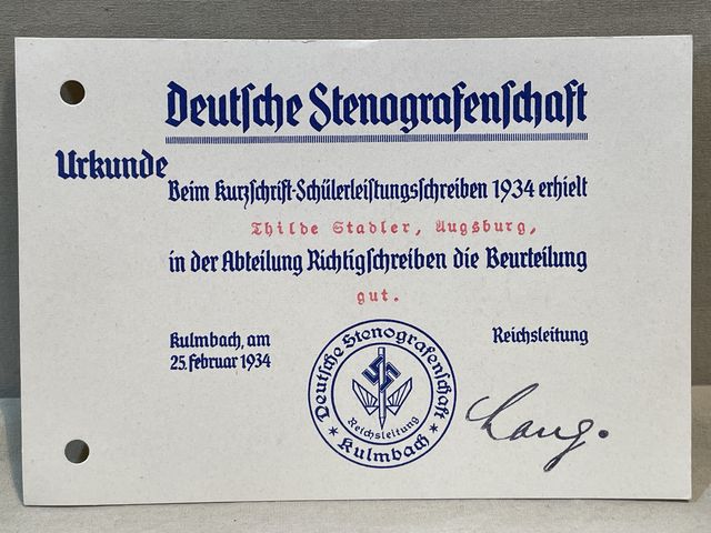 Bunker Militaria: Original Nazi Era German Stenographer's Certificate