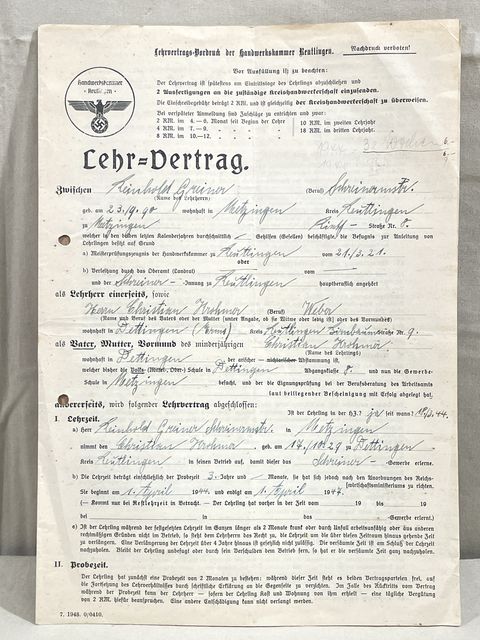 Bunker Militaria: Original WWII German Teaching Contract, Lehr - Vertrag