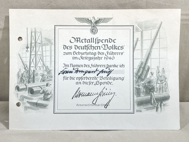 Bunker Militaria: Original WWII German Metal Donation Document for 1940