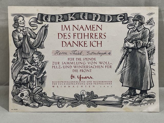 Bunker Militaria: Original WWII German Award Document for Donation of ...