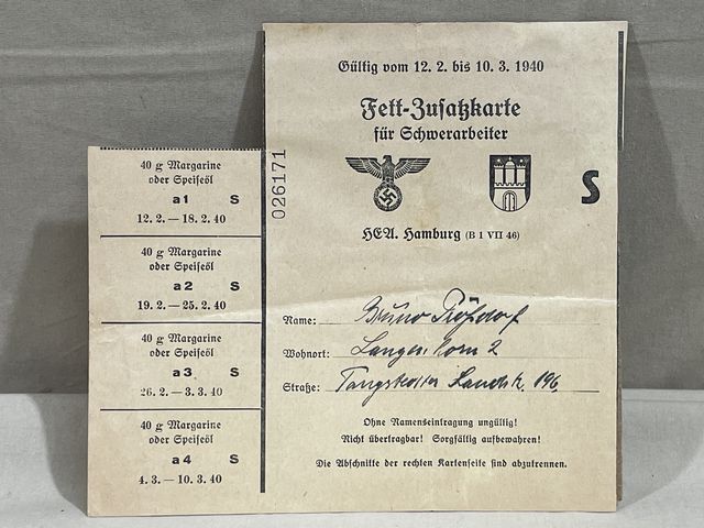Bunker Militaria: Original Nazi Era German Civilian Fat Ration Card for ...