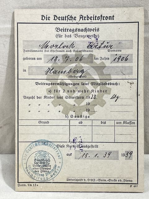 Bunker Militaria: Original Nazi Era German DAF Membership/Dues Card ...