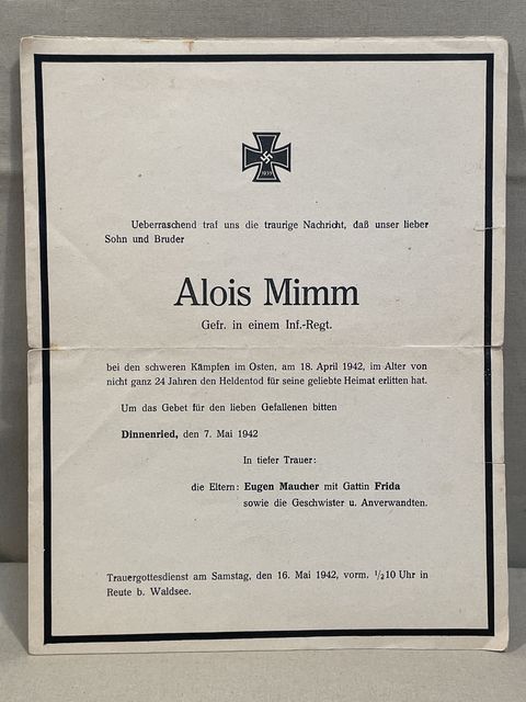 Bunker Militaria: Original WWII German Mailable Death Announcement ...