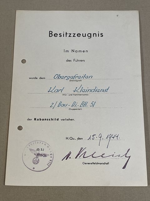 Bunker Militaria: Original WWII German Award Document for the Kuban Shield