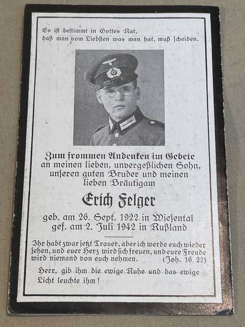 Bunker Militaria: Original WWII German Remembrance Card, Soldat