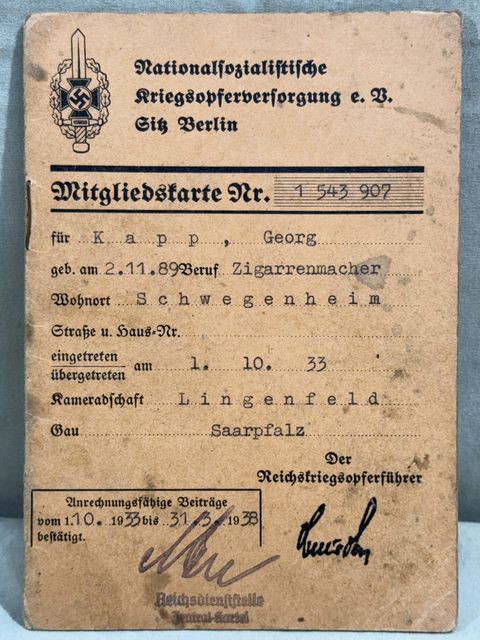Bunker Militaria: Original Nazi Era German NSKOV Member's ID/Dues Card