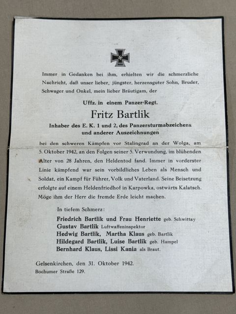 Bunker Militaria: Original WWII German Soldier's Death Notice, Panzer ...
